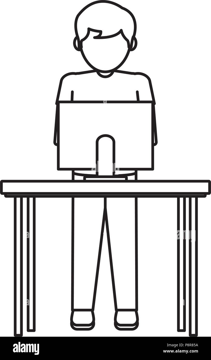 line boy with electronic computer in the wood desk vector illustration ...