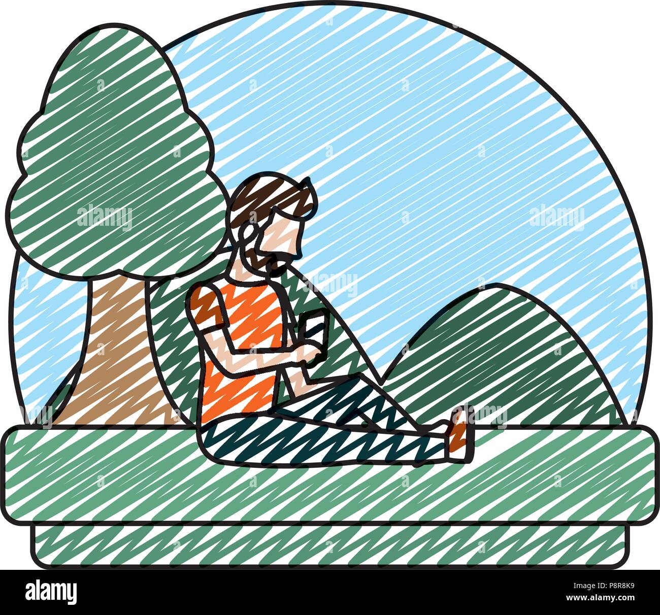 doodle man with social smartphone and quiet landscape vector ...
