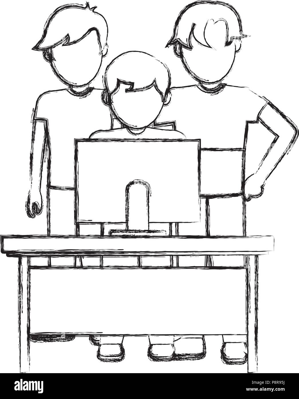 grunge boys friends with computer in the wood desk vector illustration ...