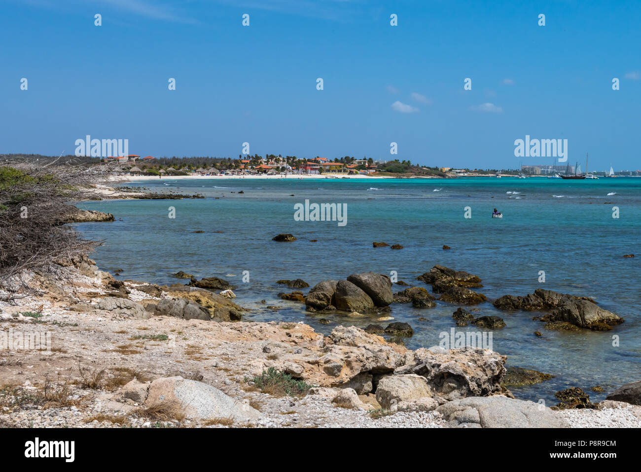 Aruba, view of northern beaches - Arashi beach, and high rise hotels ...