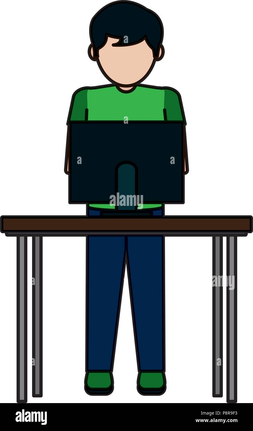 color boy with electronic computer in the wood desk vector illustration ...