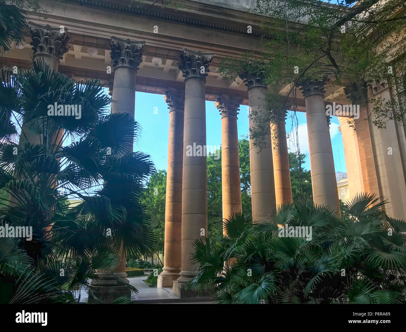 view from the courtyard of the University on the colonnade in sunny ...