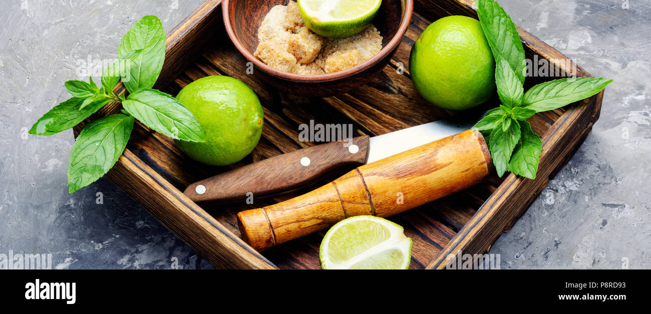 Mojito ingredients. Lime, mint and cane suga Stock Photo - Alamy