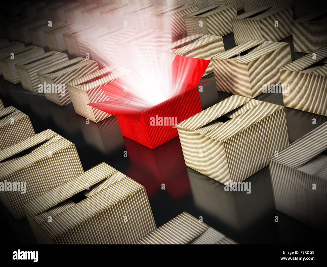 Red cardboard box with glowing light ray standing out. 3D illustration ...