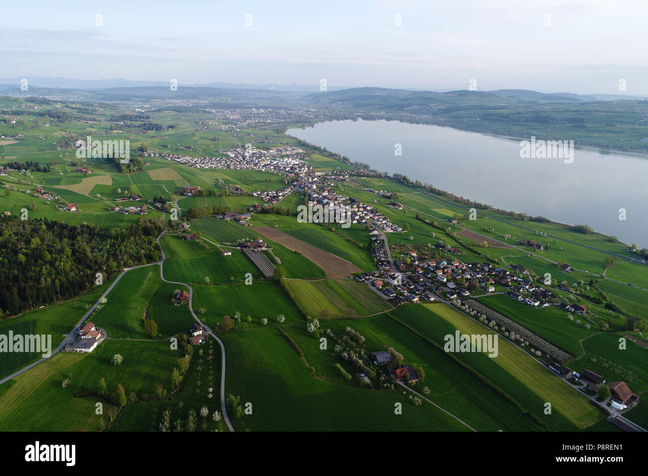 Central Switzerland in spring with Lake Sempach near Lucerne in the ...