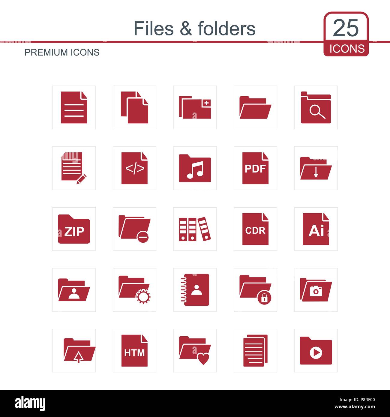 Files and folders icons set red. For web design and application ...