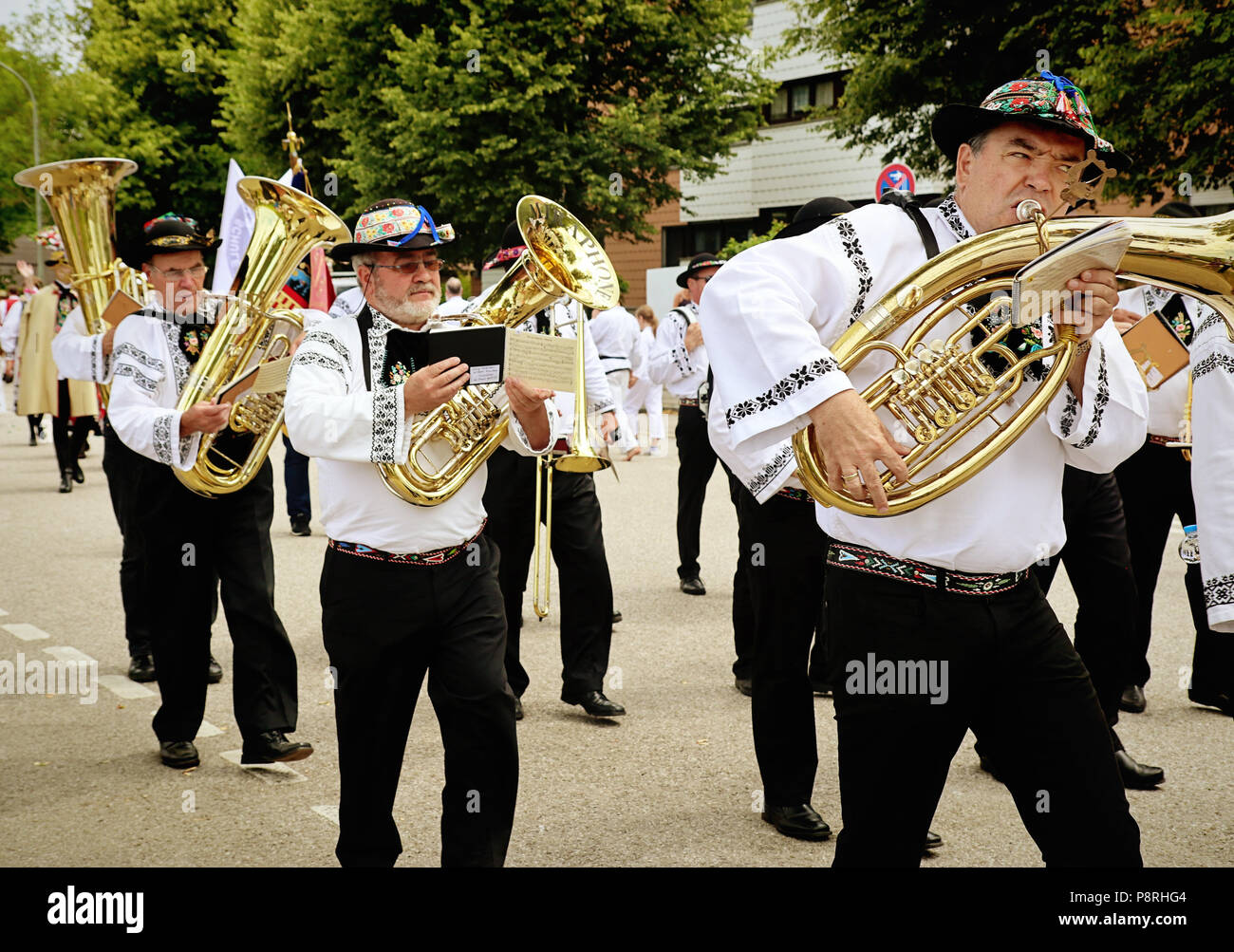 GARCHING, GERMANY-JULY 8, 2018. Brass band musicians in Bavarian ...