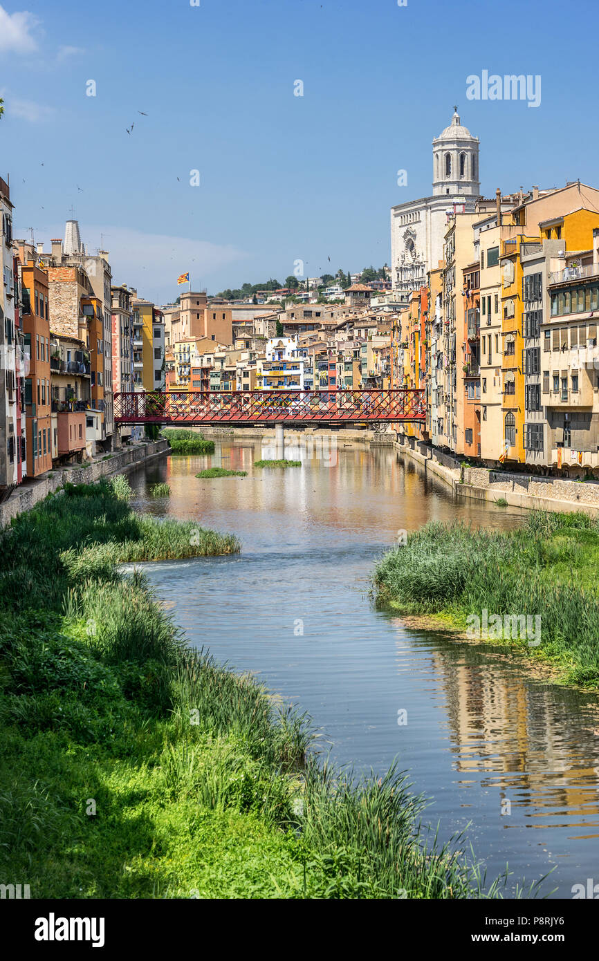 Looking down the Onyar River to the Jewish Quarter in Girona Catalonia ...