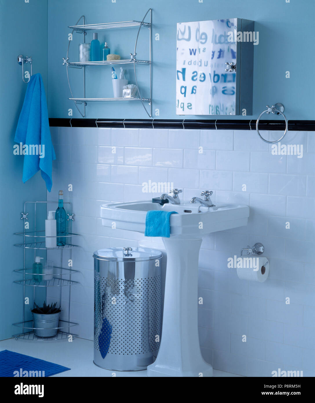 WHITE BATHROOM WITH TILED LOWER HALF AND BLACK TILED DADO RAIL Stock ...