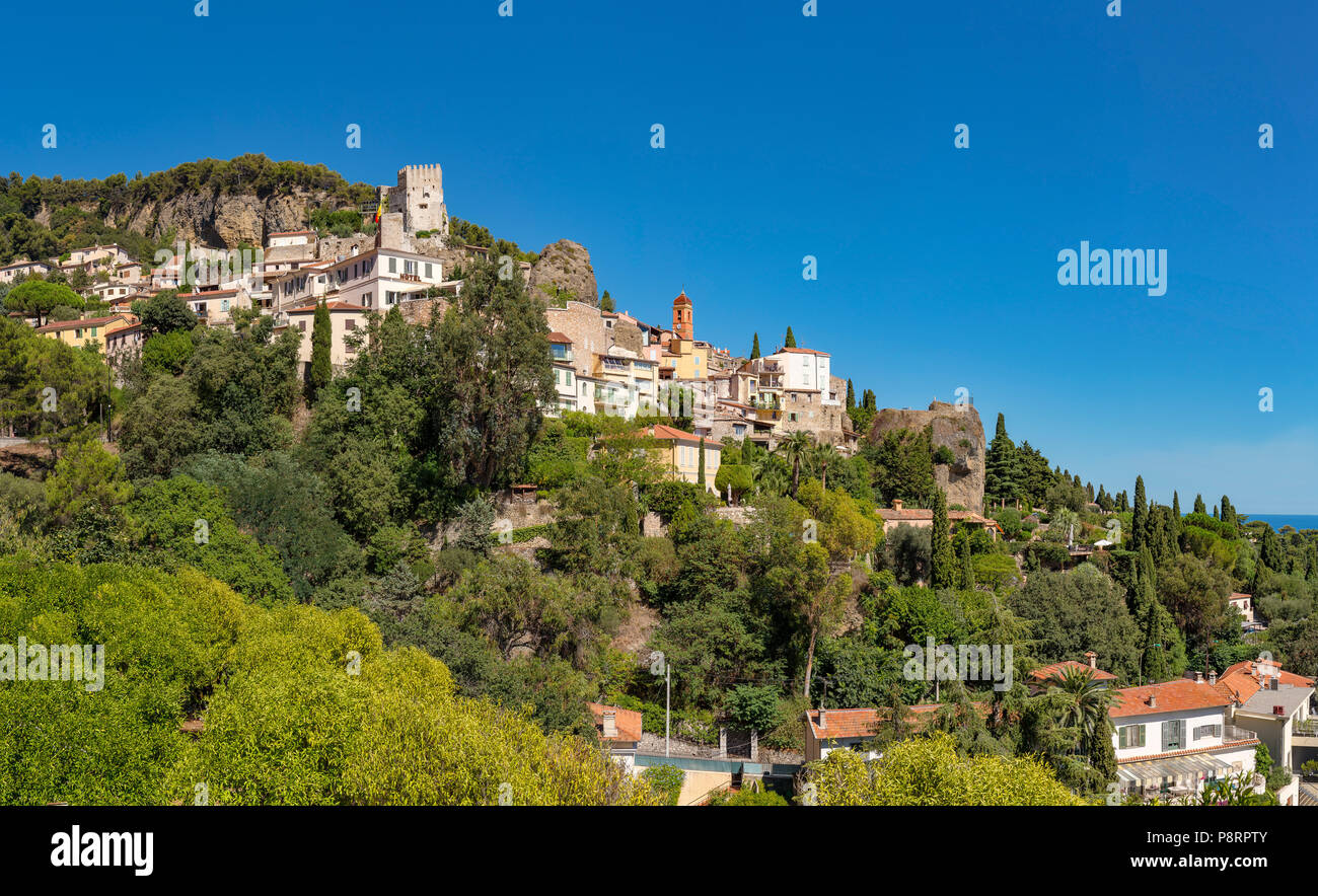 Medieval village and castle on a mountain slope, Roquebrune Cap Martin ...