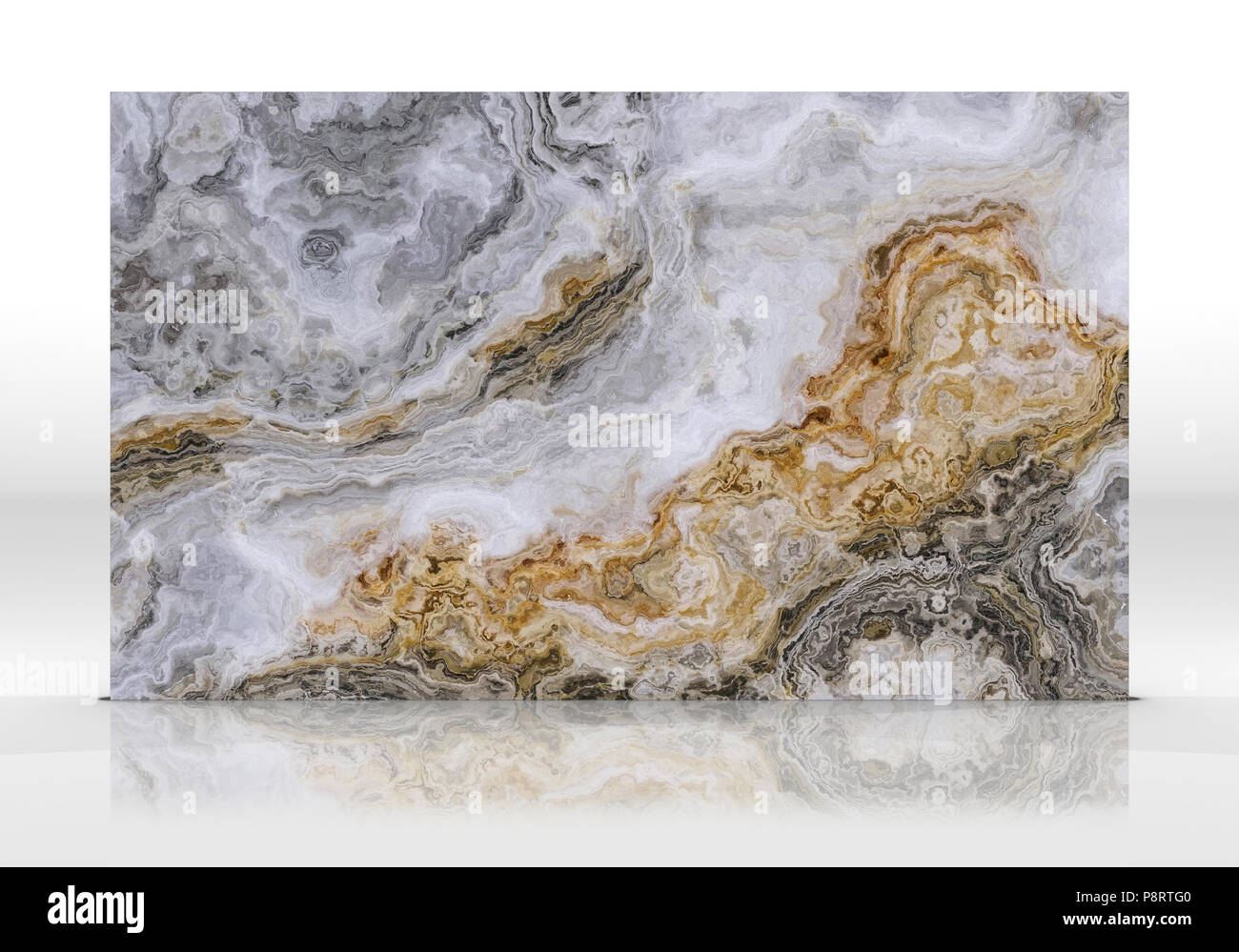 Grey marble tile standing on the white background with reflections and ...
