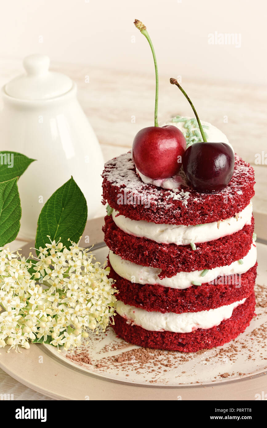 Red cake with cherry. Cake sweet dessert for holiday Stock Photo - Alamy