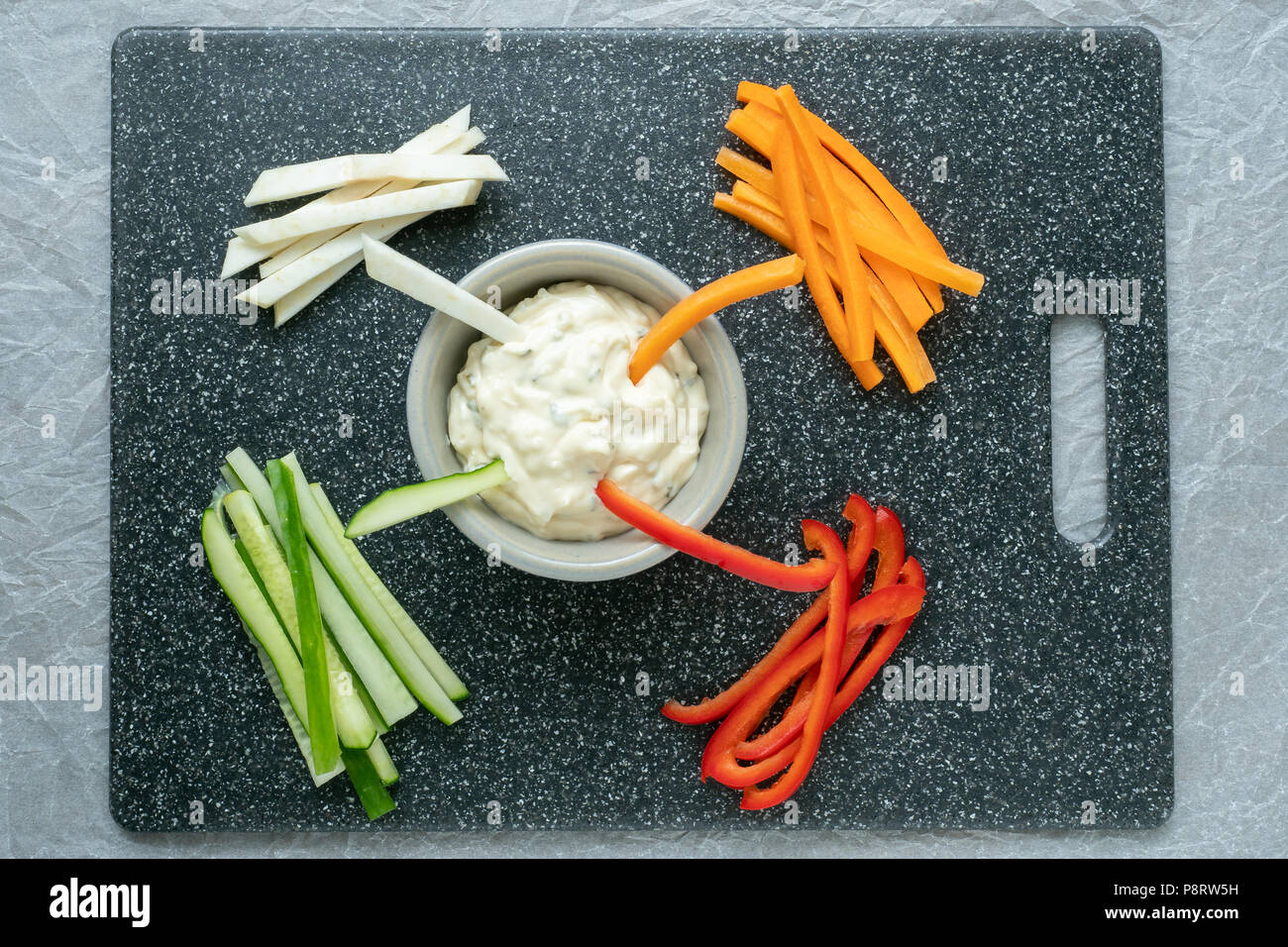Vegetable sticks and dips in bowl. Healthy vegetables and dip snack ...