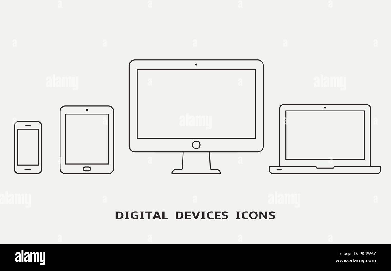 Vector set of outline device icons. Monitor, laptop, tablet pc and ...