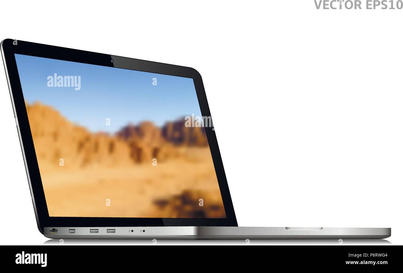 Laptop in angled position with wallpaper on screen. Isolated on white ...