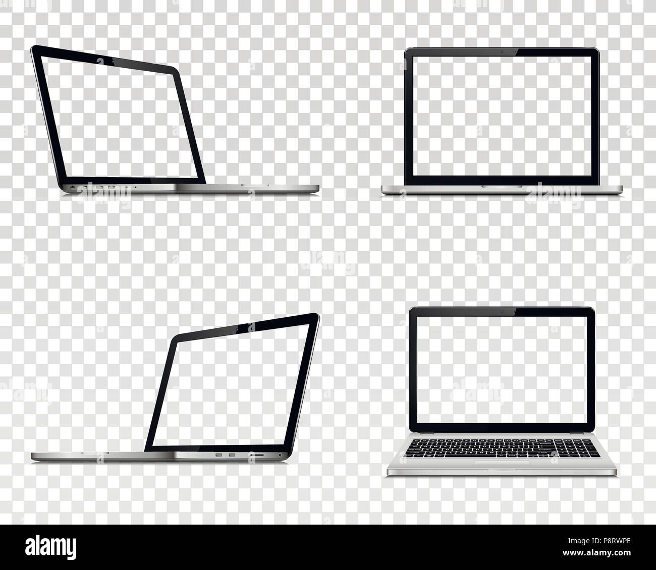 Set of laptop with transparent screen. Perspective, top and front view ...