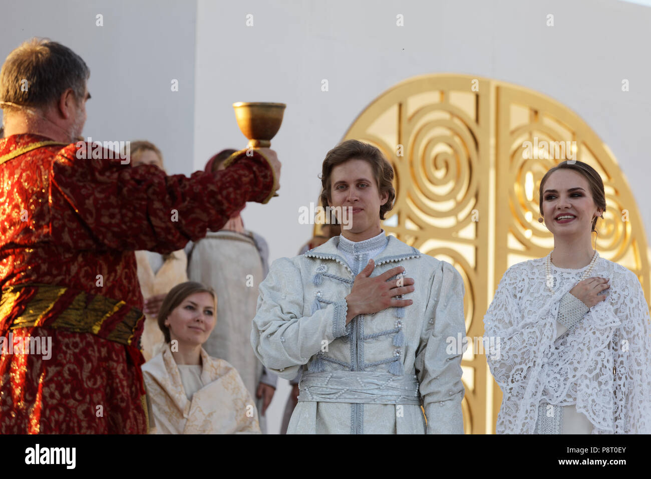 St. Petersburg, Russia - July 12, 2018: Olga Cheremnykh as Marfa (right) and Ilya Selivanov as ...