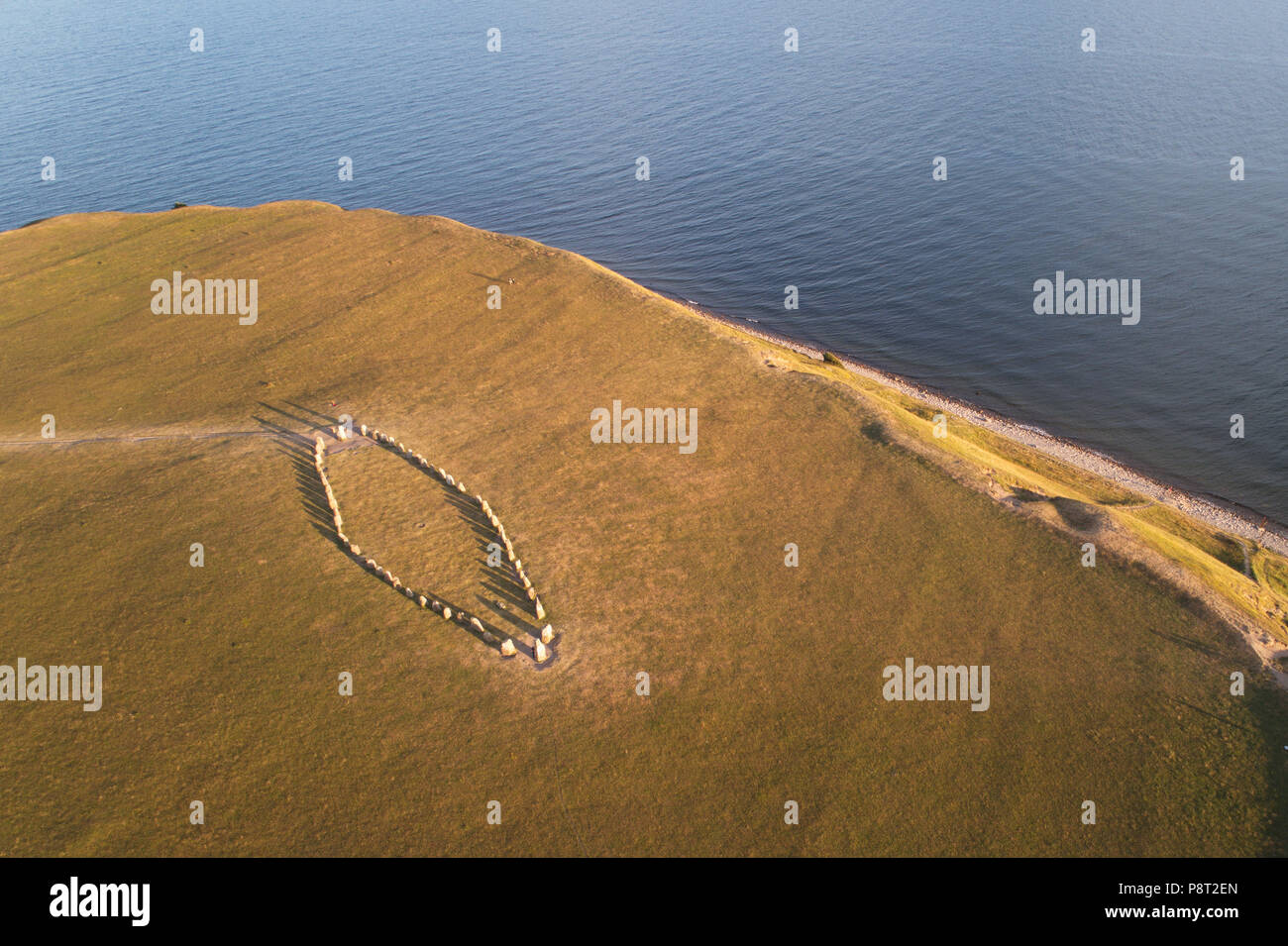 Aerial view of the pre-historic stone ship Ale stones in Swedish ...