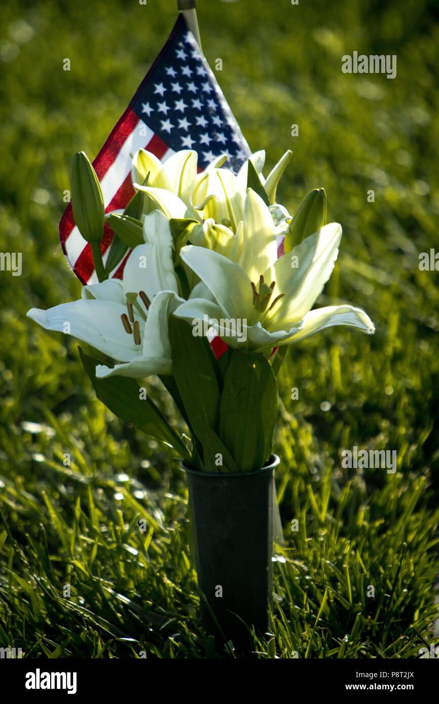 Floral bouquet next to a Star-Spangled Banner, at Fort Rosecrans ...