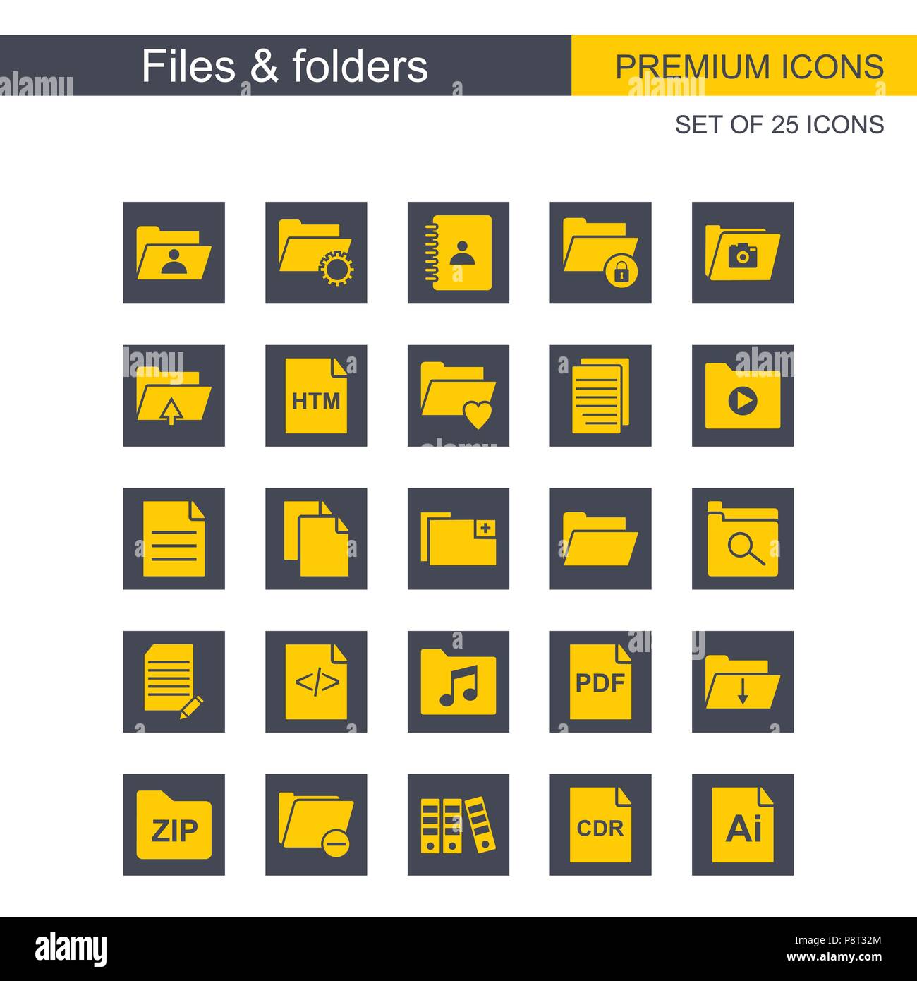 Files and folders icons set grey and yellow. For web design and ...