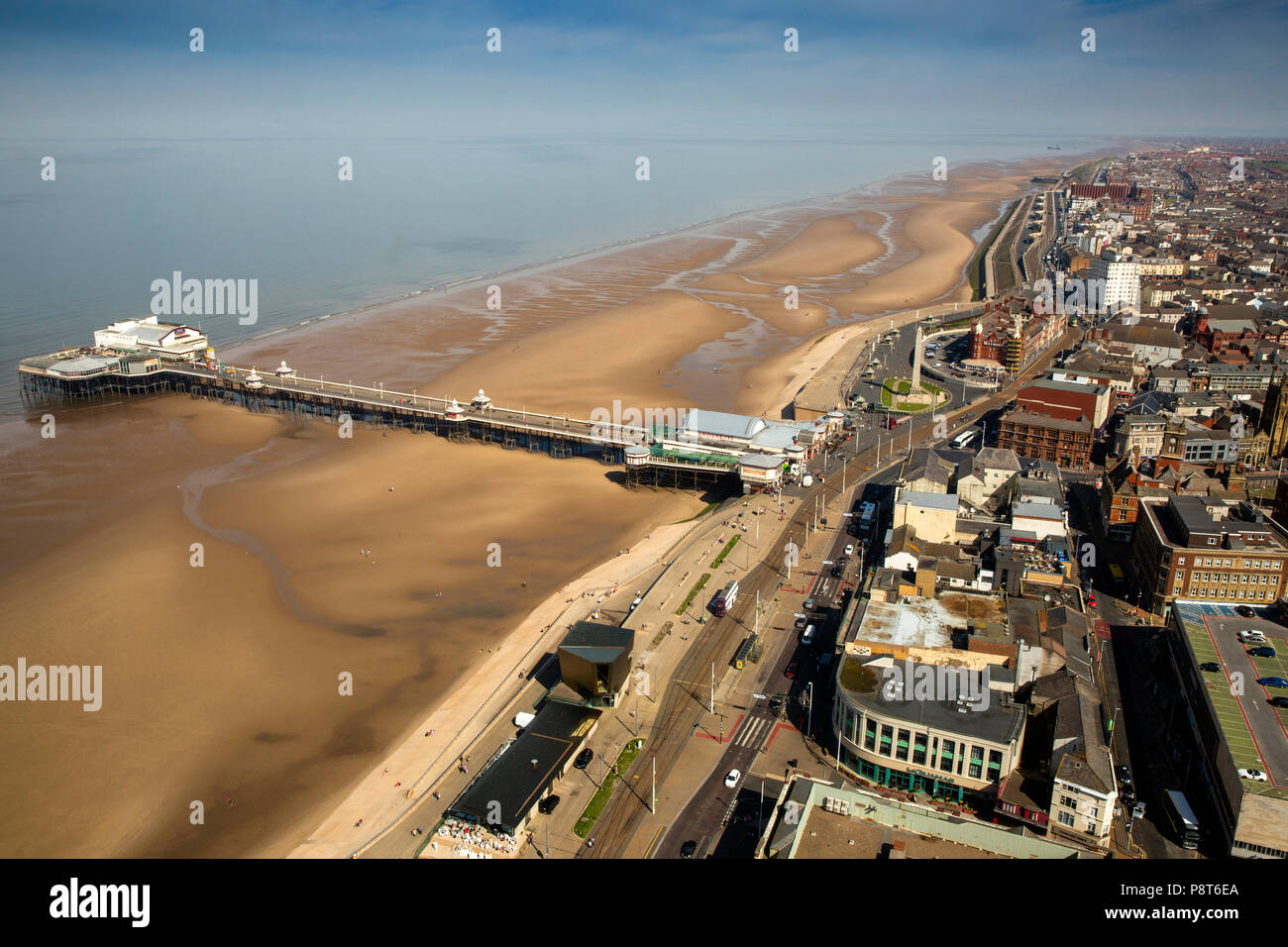 UK, England, Lancashire, Blackpool, Promenade, elevated view to North ...