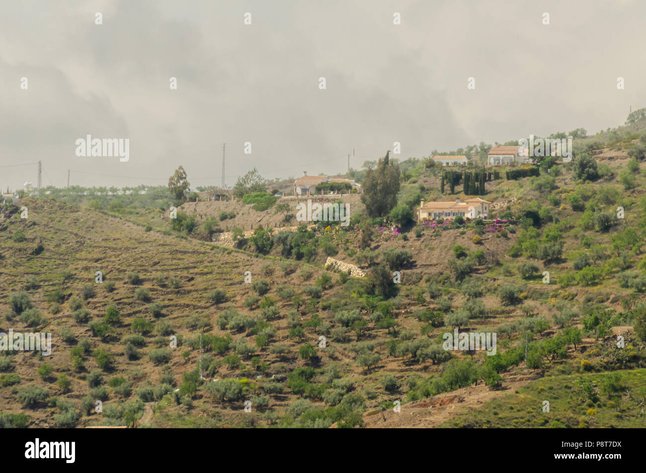 typical spanish village houses and farmland in the hills of andalusia ...