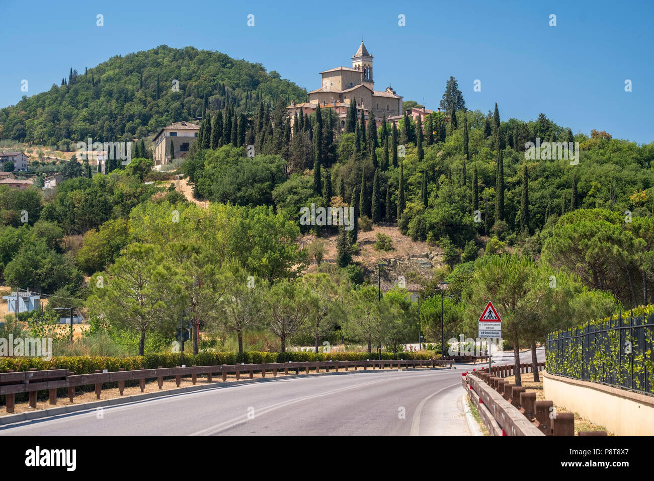 Summer landscape near Perugia, Umbria, Italy. Solomeo, old village ...