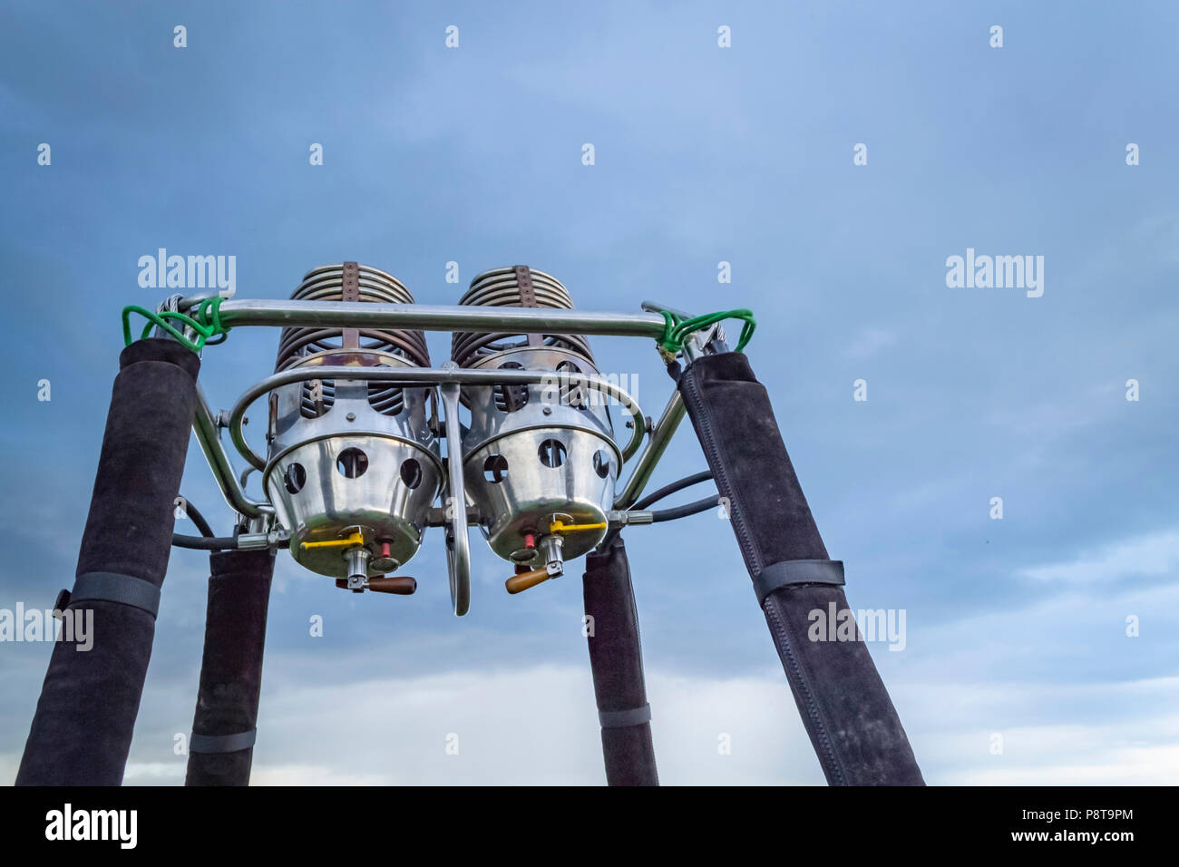 Hot air balloons gas burners on blue sky. Balooning equipment. Fly ...