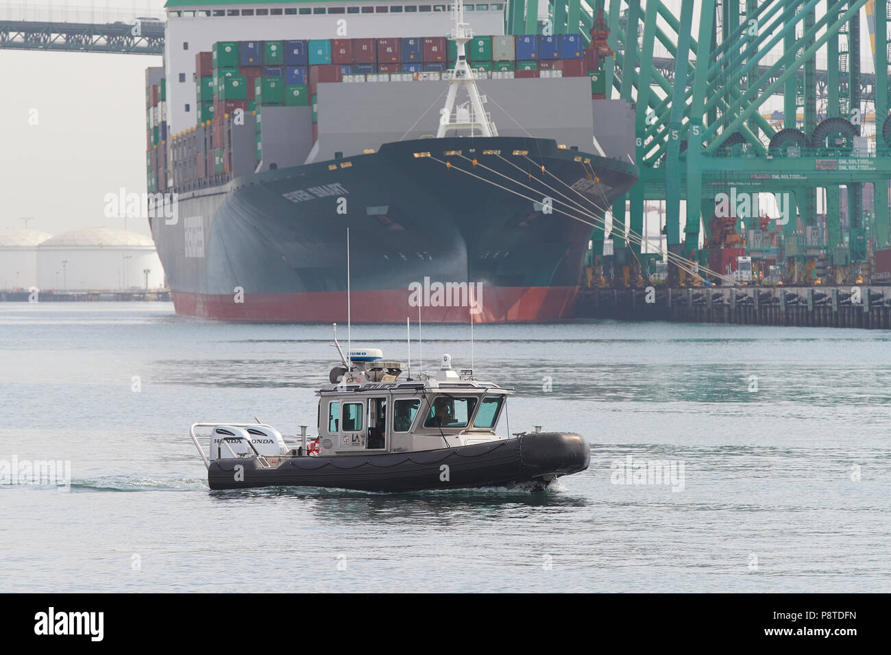 Port Of Los Angeles Police Boat Passes The EVERGREEN Container Ship ...