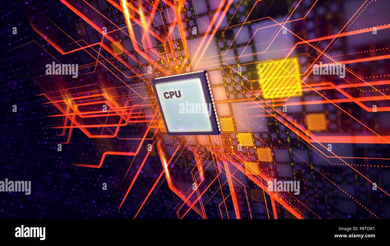 A cutting edge 3d rendering of a square CPU processor placed aslant in ...
