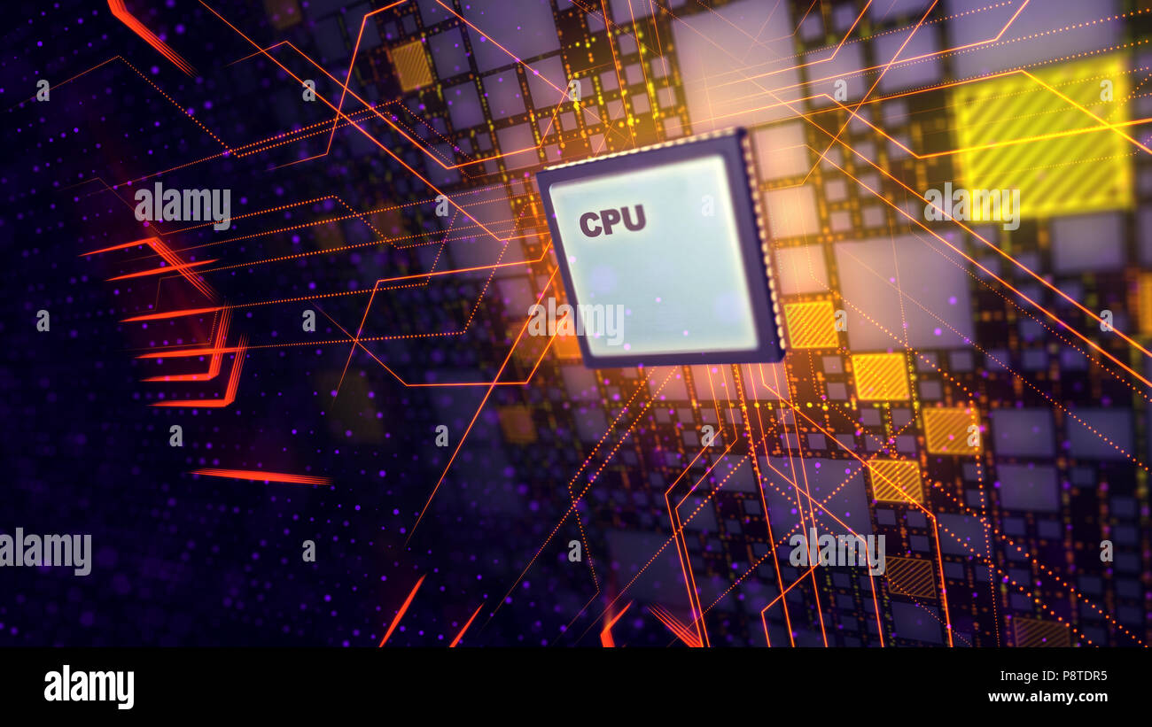 An astounding 3d illustration of a square CPU tablet located askew in ...