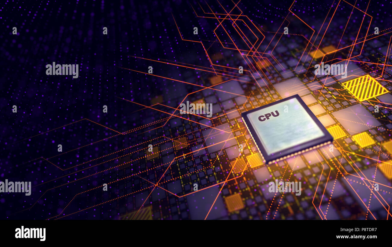 An amazing 3d rendering of a CPU chip put askew in the violet backdrop ...