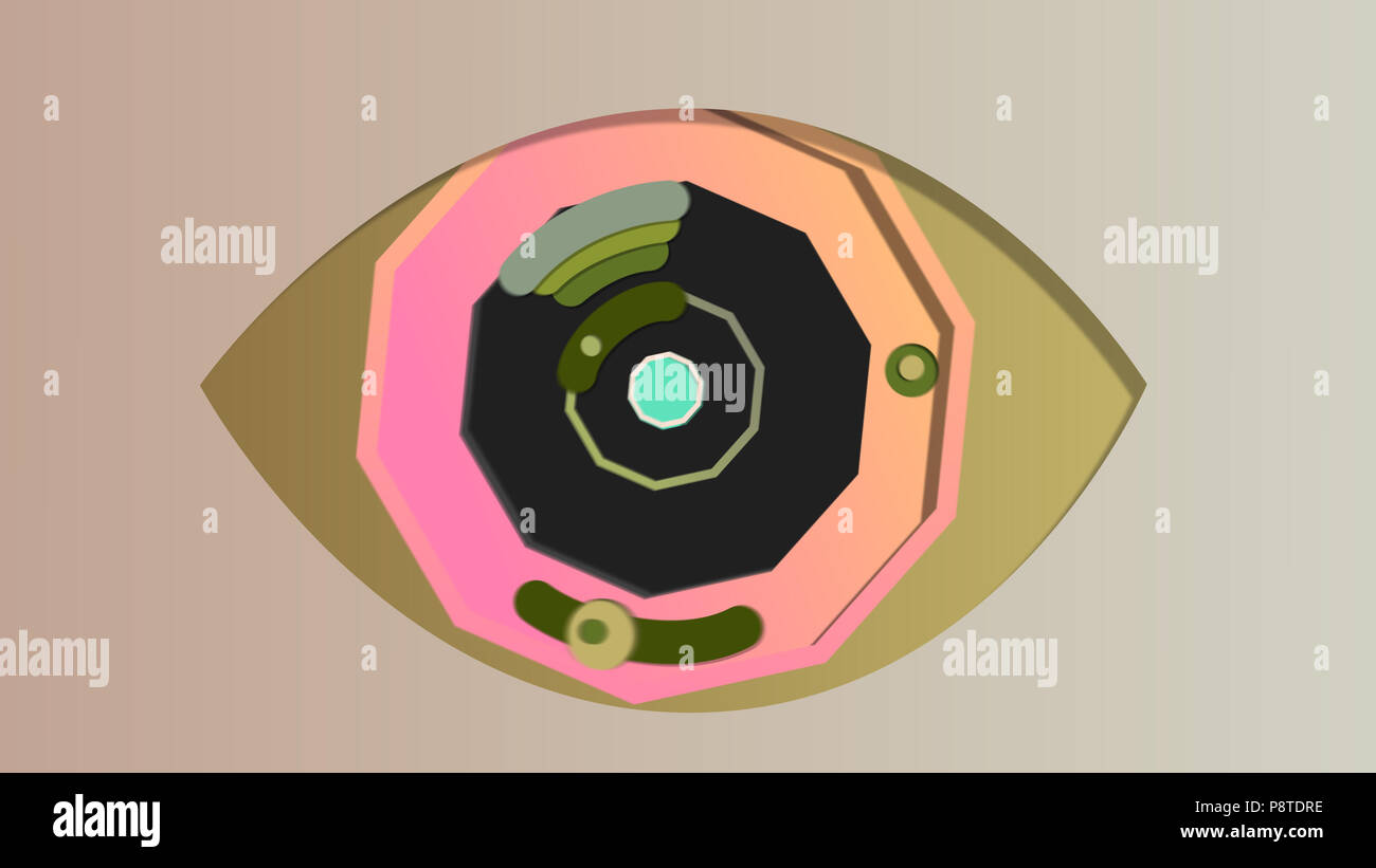 A mysterious 3d illustration of an artificial eye with an octagonal ...