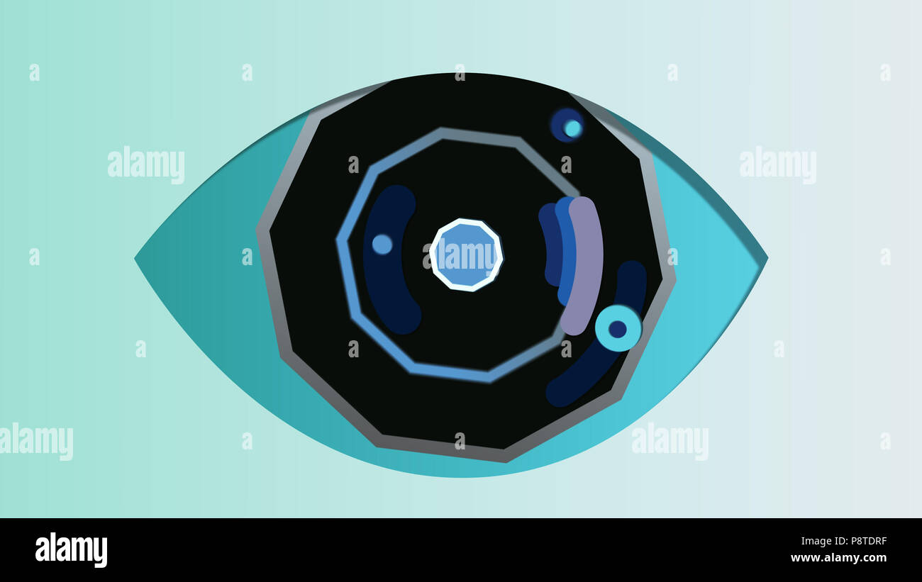 An original 3d rendering of an artificial eye with an octagonal blue ...