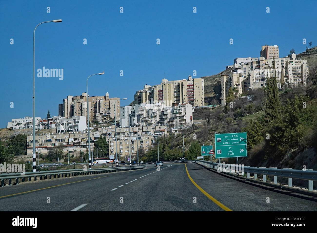 winding highway into hillside city of Safed or Zefat, Israel Stock ...