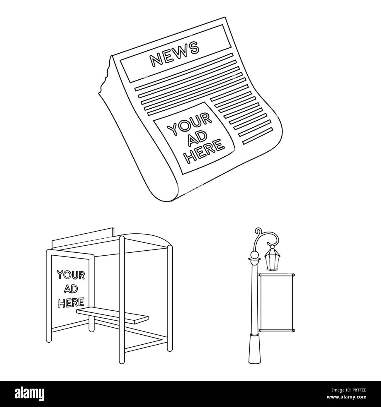 Production of advertising outline icons in set collection for design ...