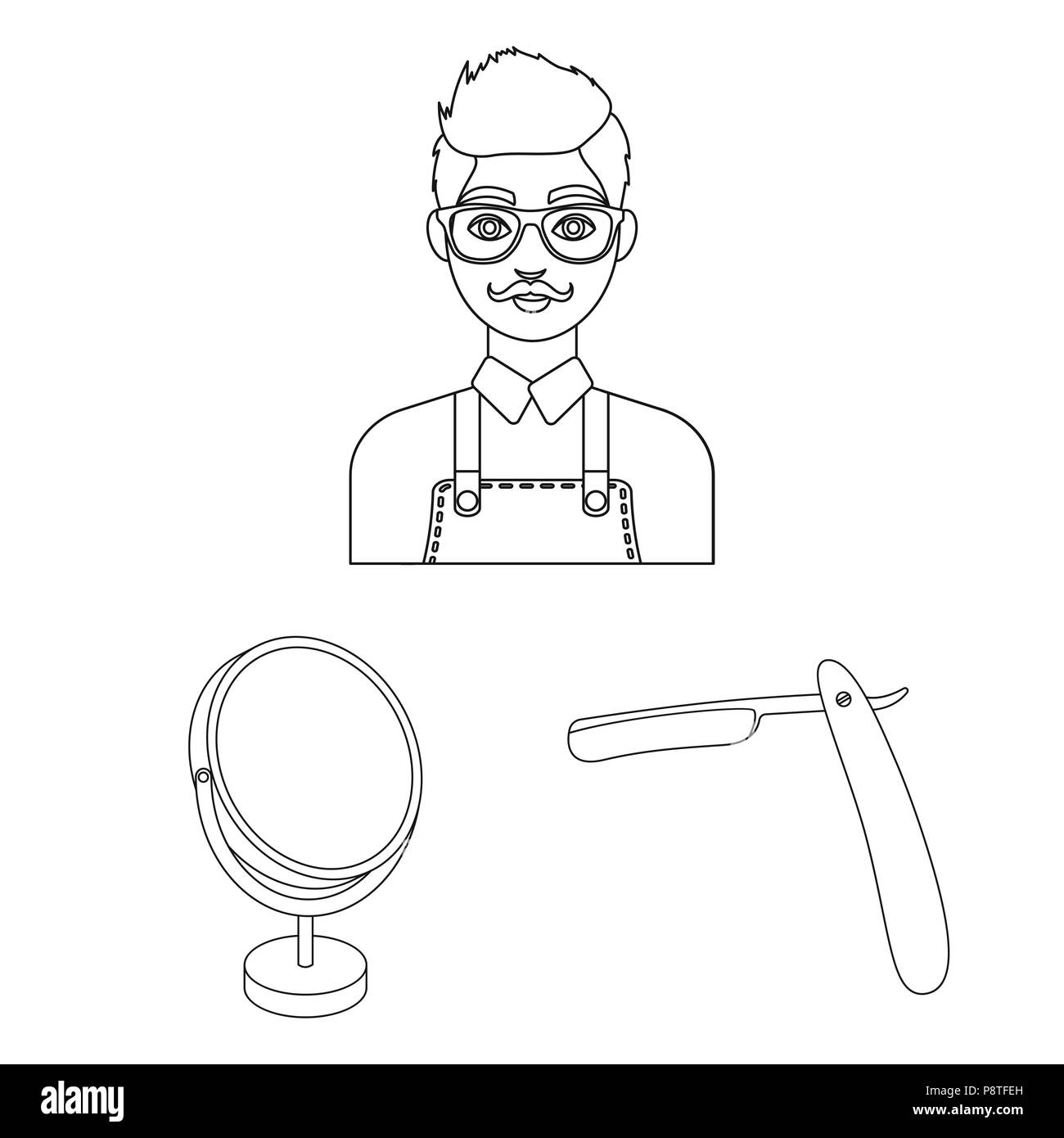 Barbershop and equipment outline icons in set collection for design ...