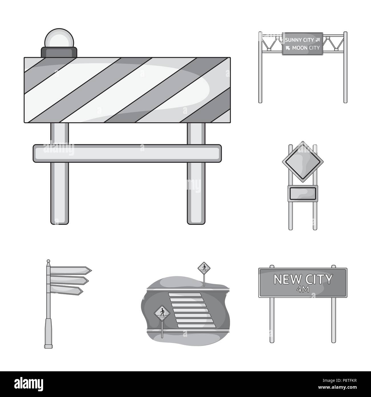 Road junctions and signs and other icon in monochrome style.Pedestrian ...