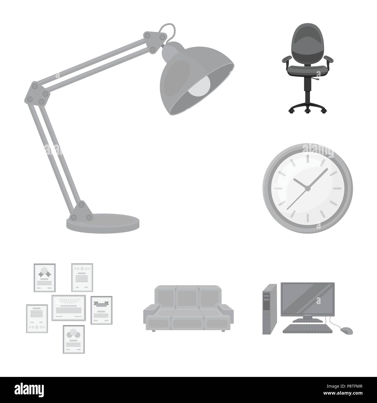 Interior of the workplace monochrome icons in set collection for design ...