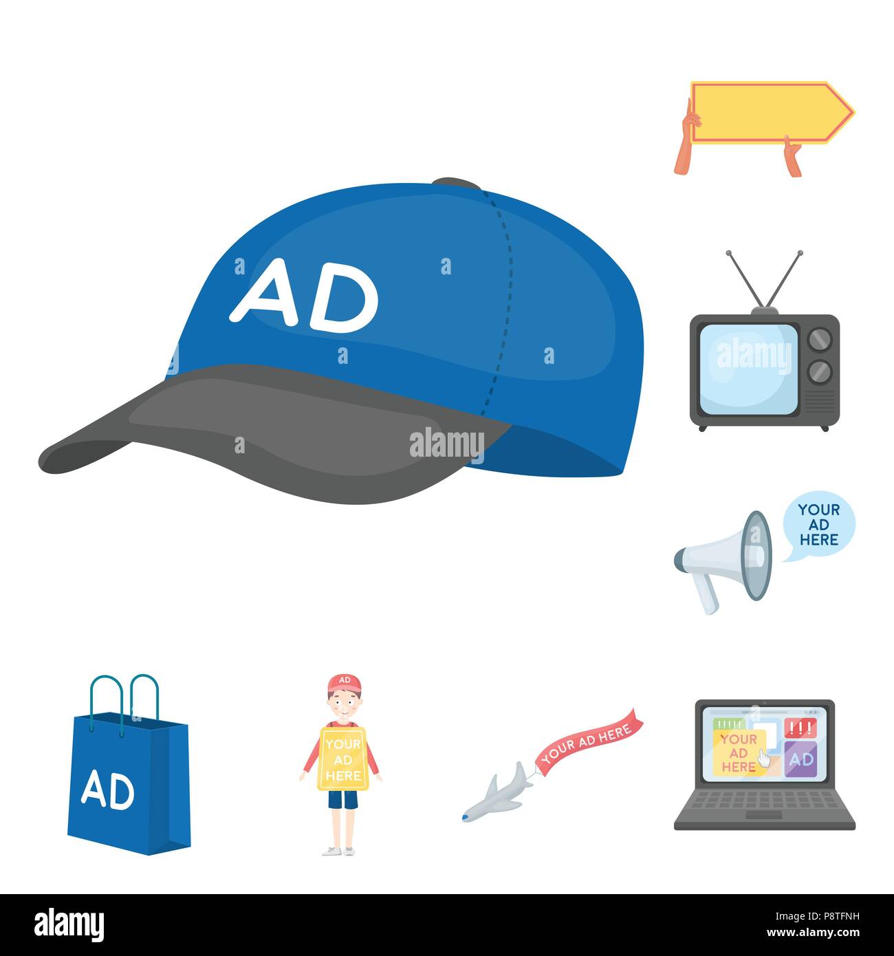 Production of advertising cartoon icons in set collection for design ...
