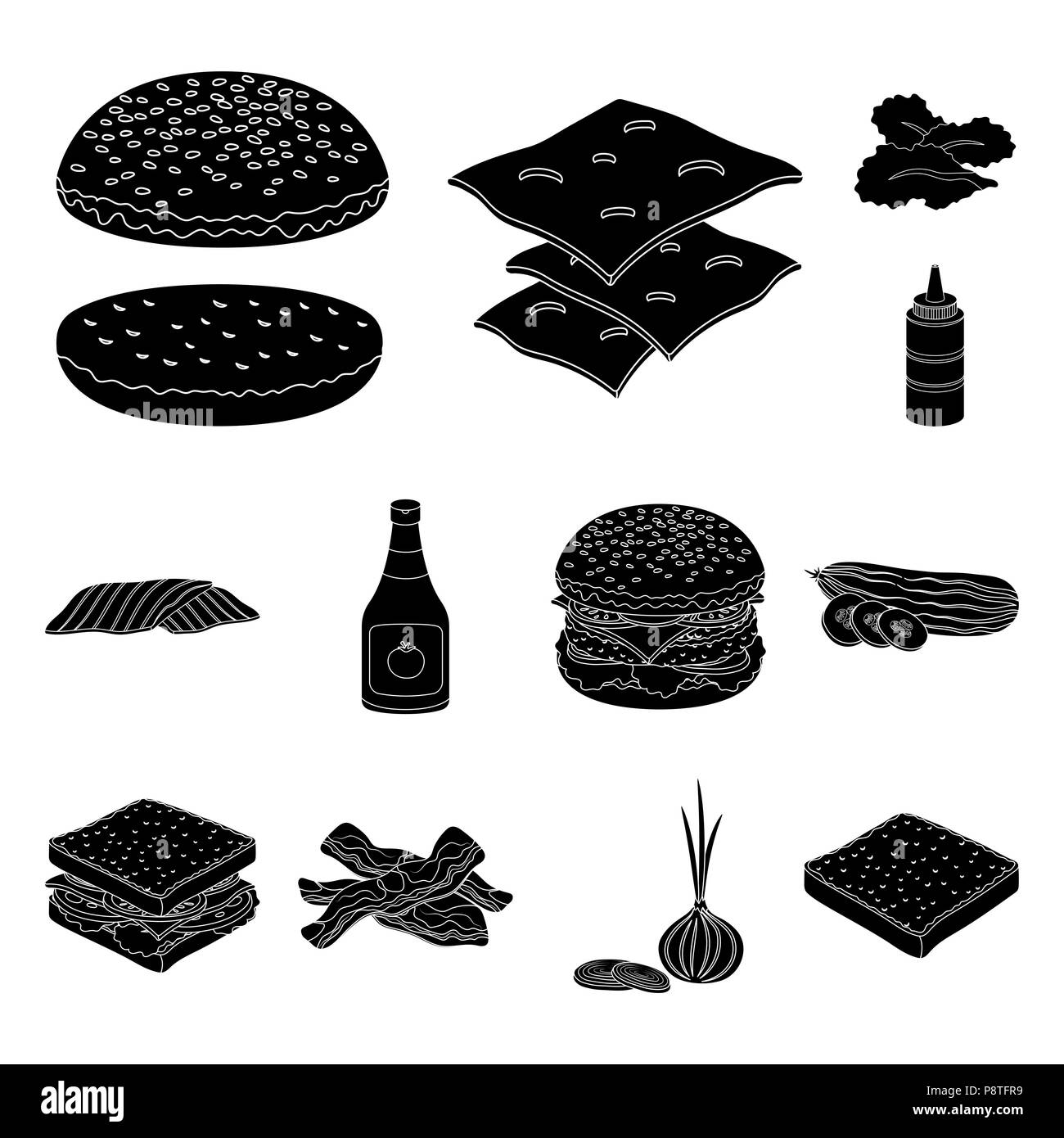 Burger and ingredients black icons in set collection for design. Burger ...