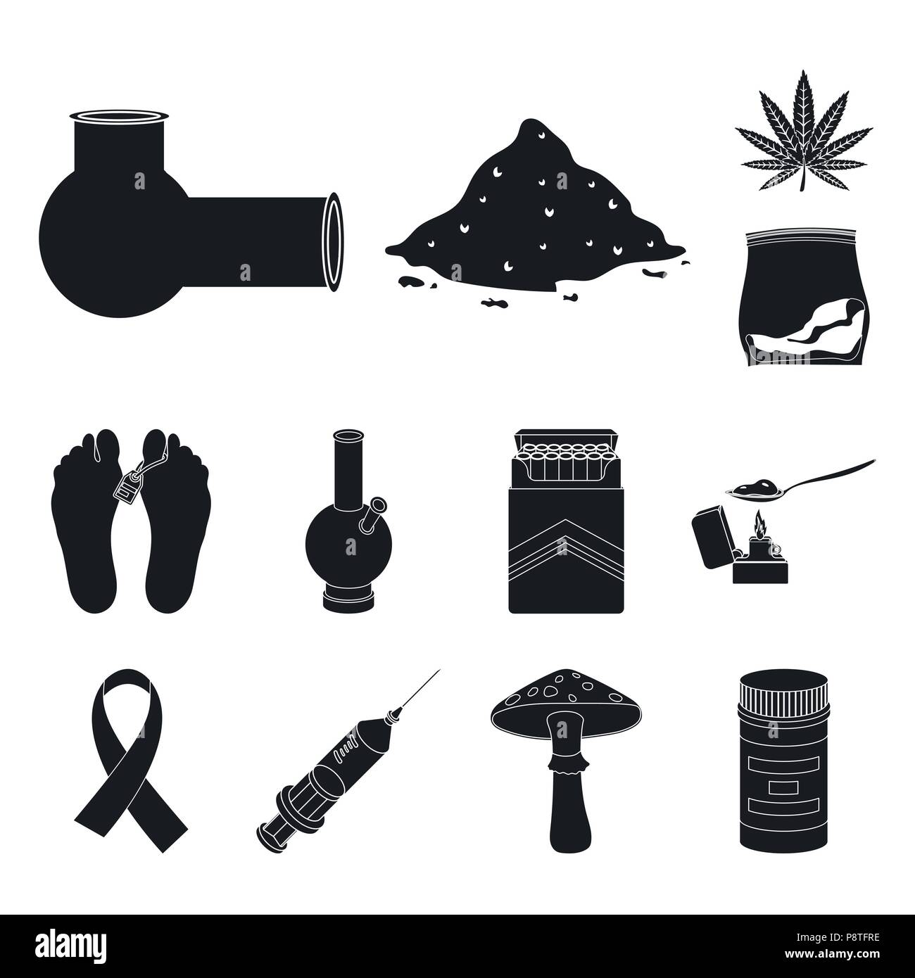 Drug addiction and attributes black icons in set collection for design ...