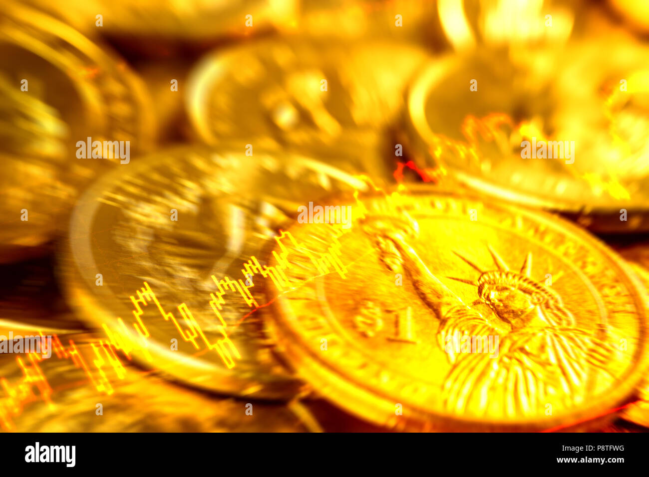 Closeup of US dollars coins with graph of stock market background Stock ...