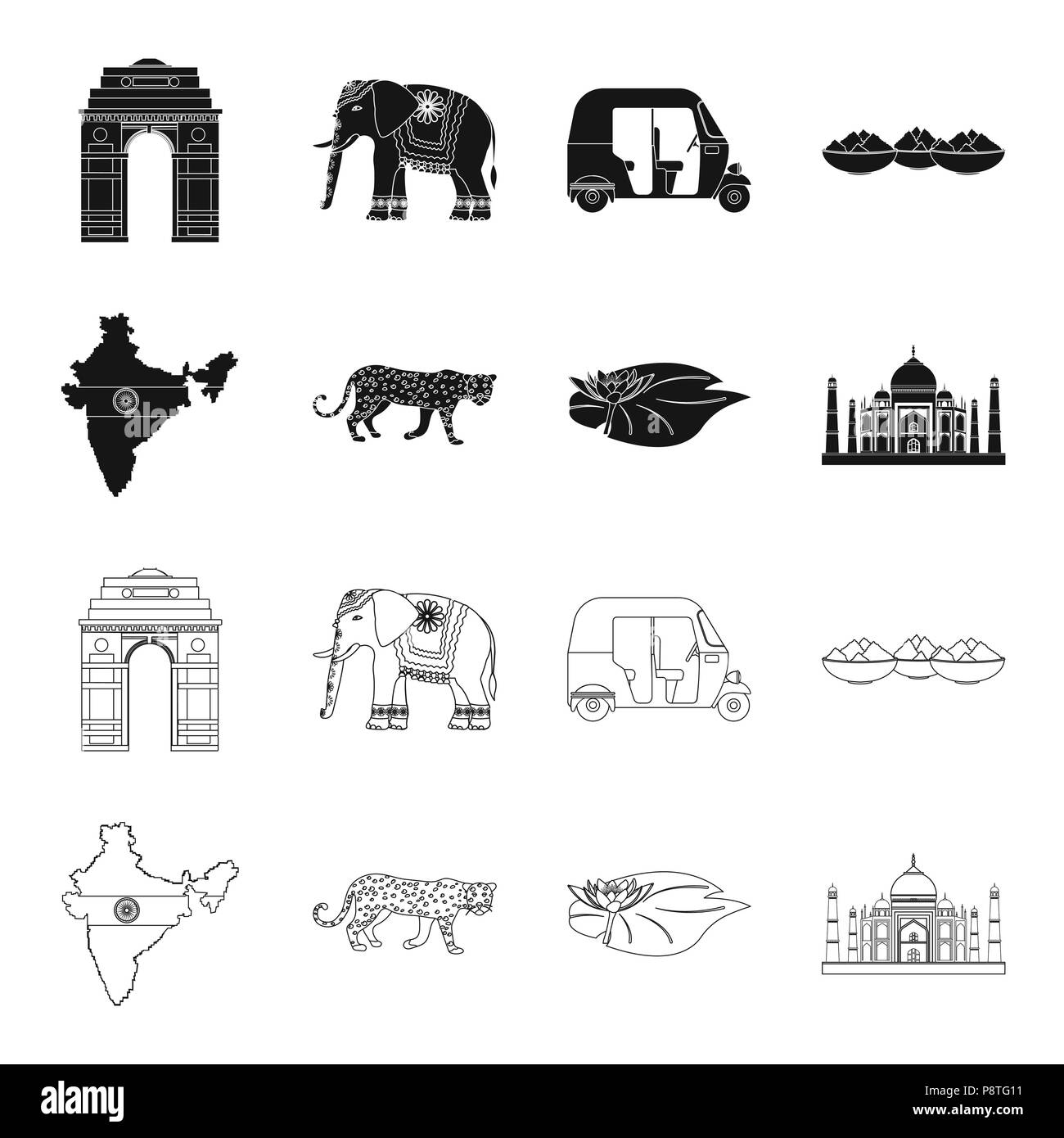 Country India black,outline icons in set collection for design.India ...
