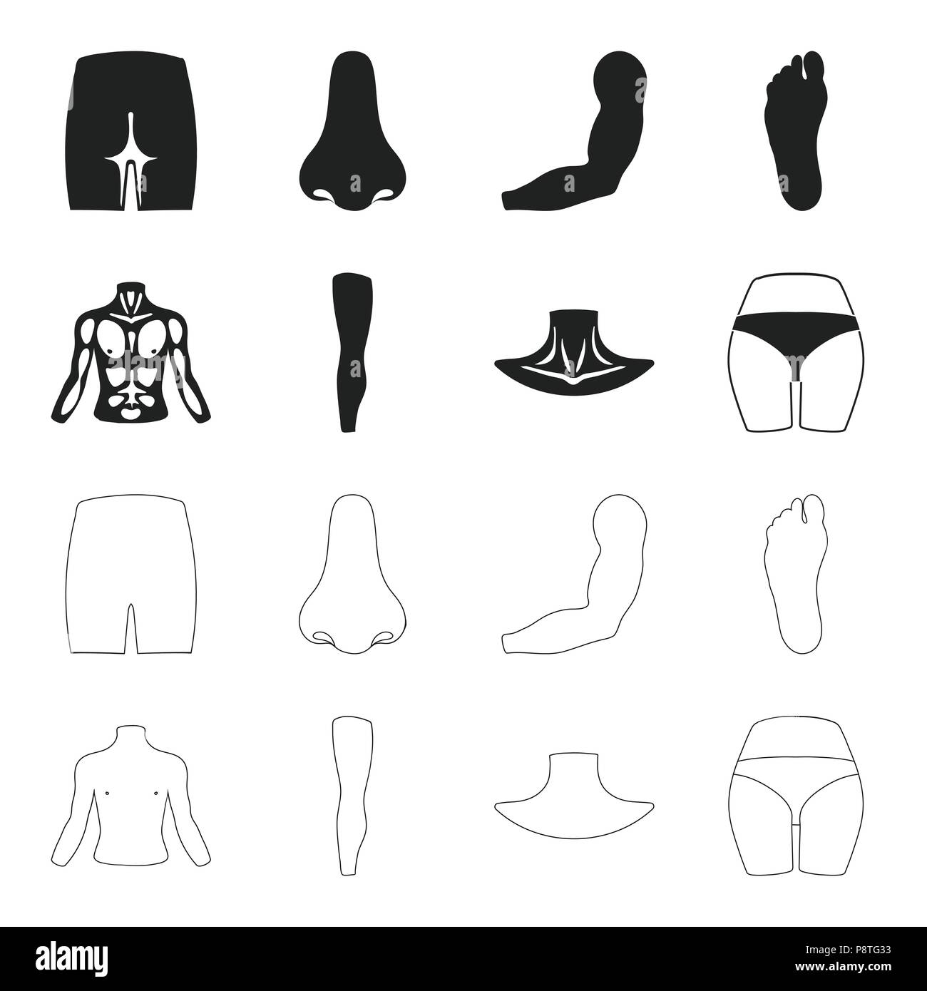 Torso, leg, neck and buttocks. Body parts set collection icons in black ...