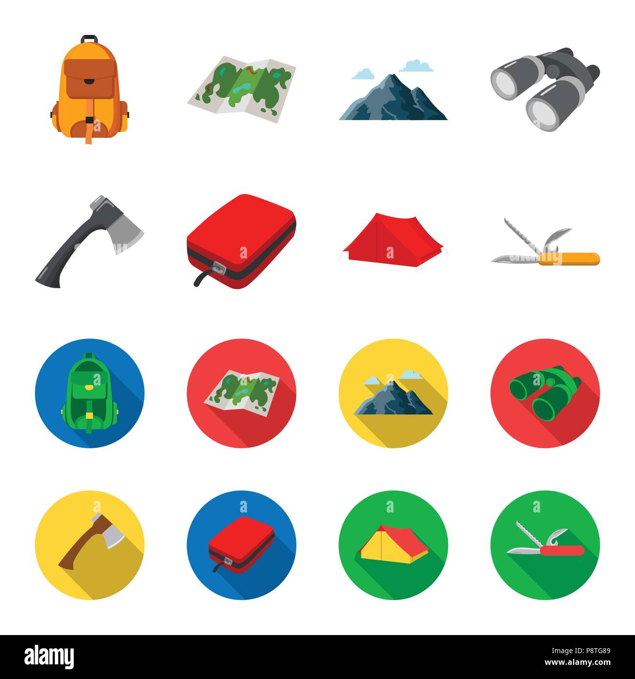 Ax, first-aid kit, tourist tent, folding knife. Camping set collection ...