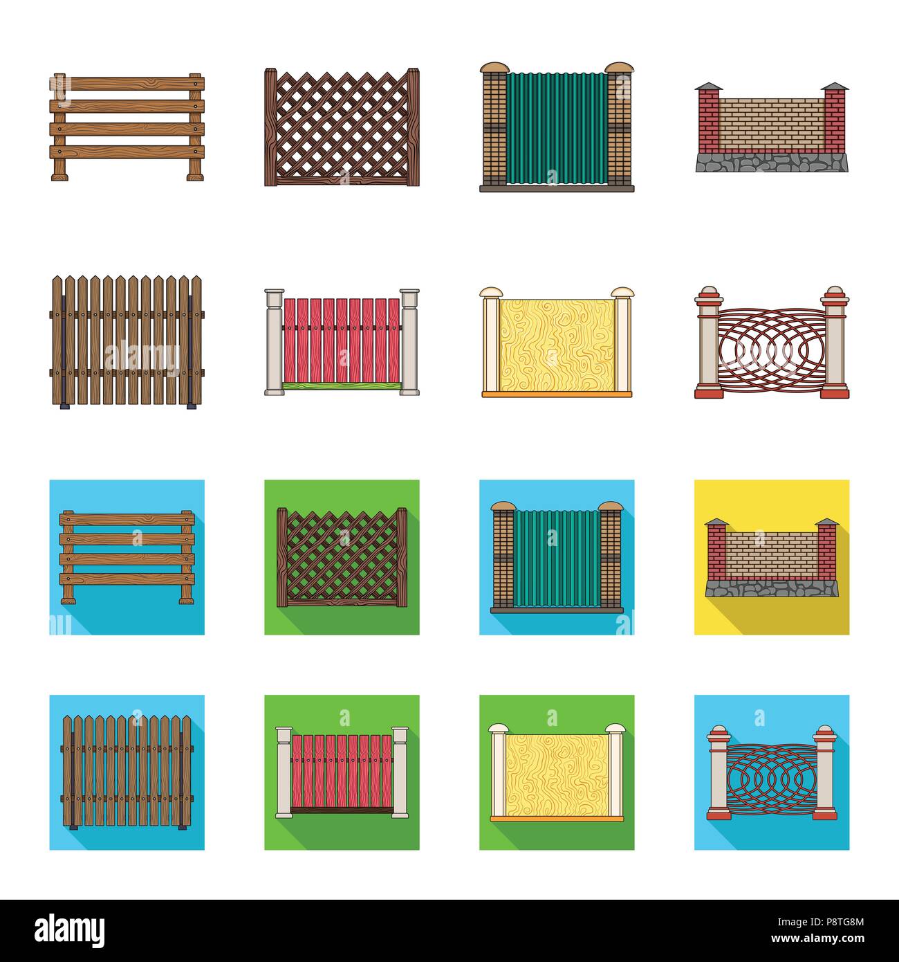 A fence of metal and bricks,wooden palisade. A different fence set ...