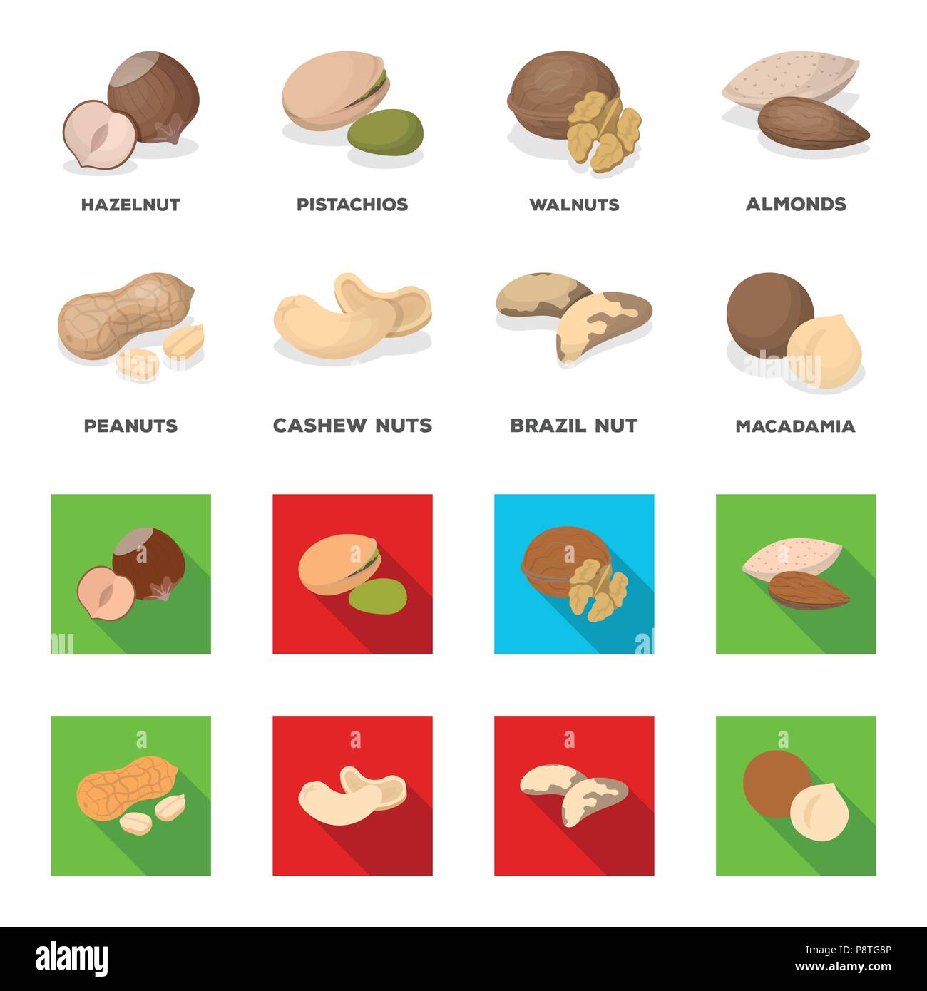 Peanuts, cashews, brazil nuts, macadamia.Different kinds of nuts set ...