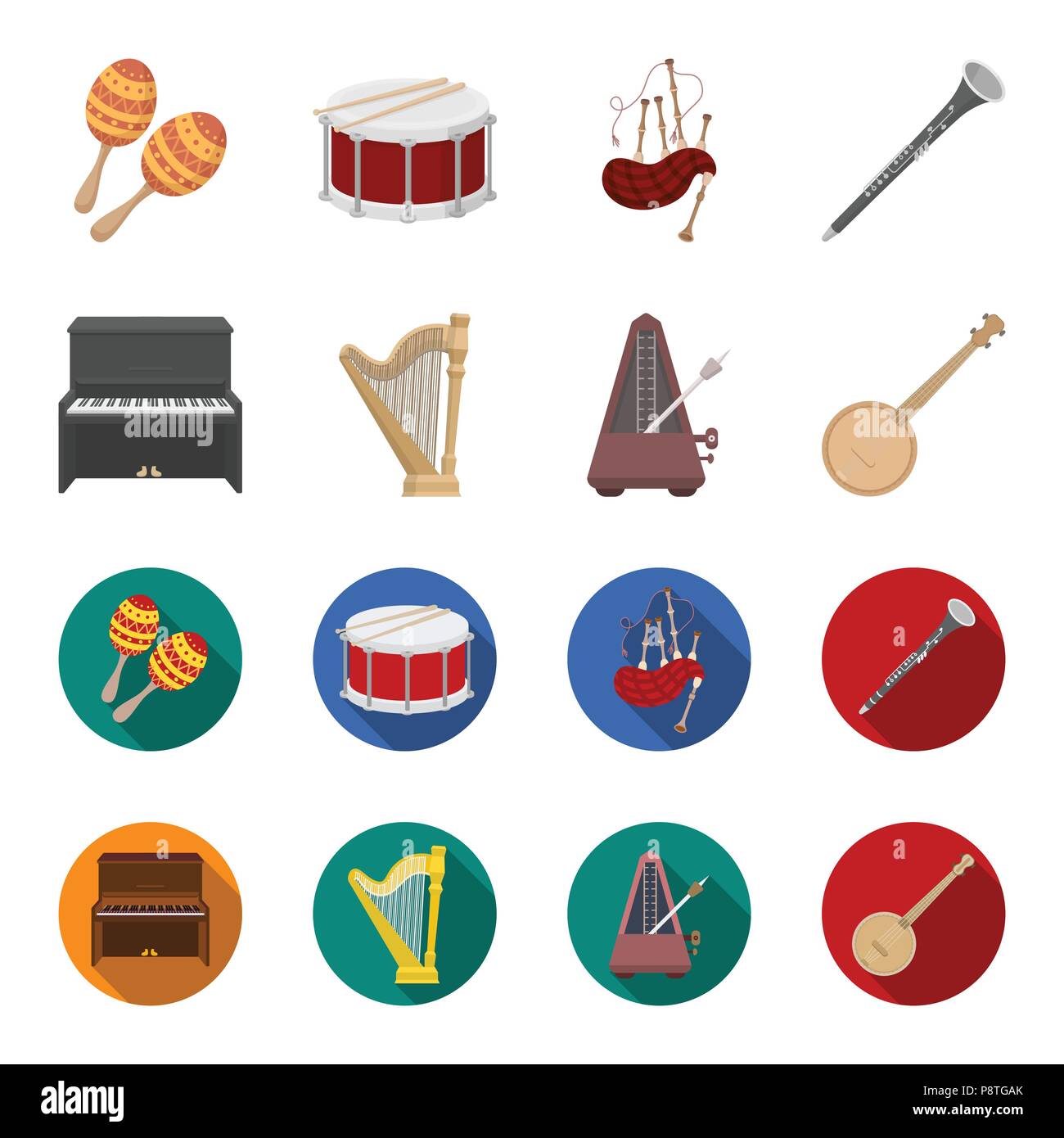 Banjo, piano, harp, metronome. Musical instruments set collection icons ...