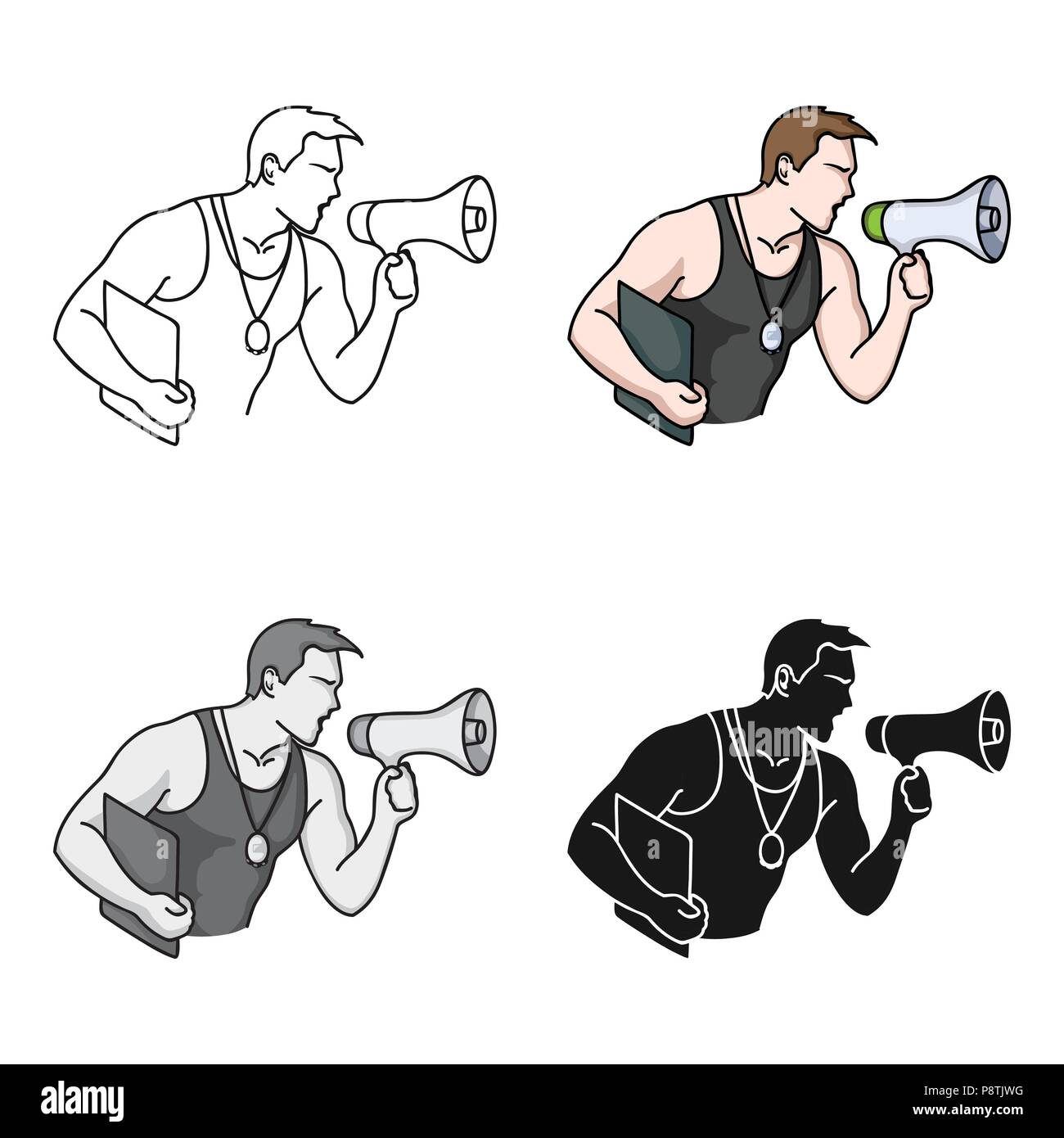 Personal trainer icon in cartoon style isolated on white background ...